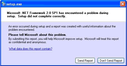 Microsoft .Net Framework 2.0 SP1 has encountered a problem during setup ...