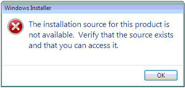 The installation source for this product is not available. Verify that ...